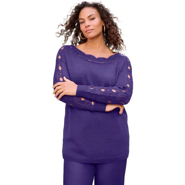 Roaman's Pointelle Sleeve Pullover