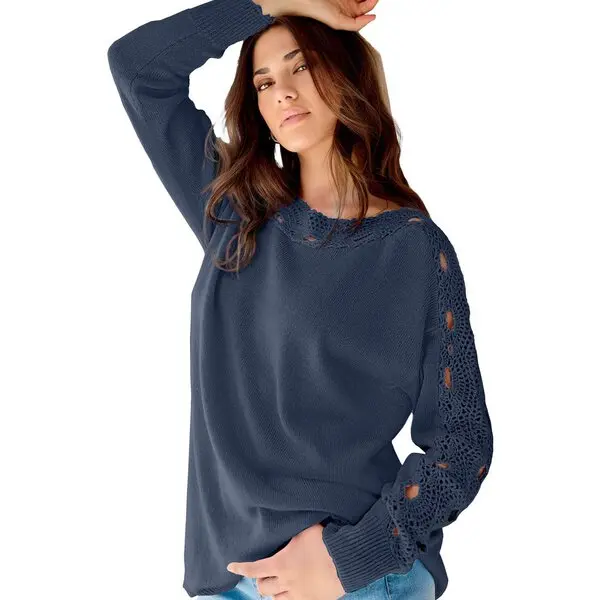 Roaman's Pointelle Sleeve Pullover - Navy