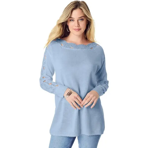 Roaman's Pointelle Sleeve Pullover With Scalloped Neckline - Pale Blue