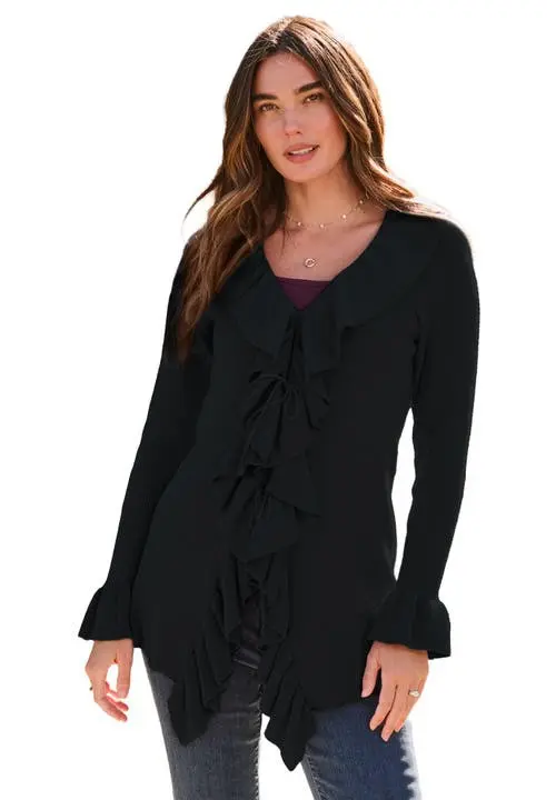 Roaman's V Neck Ruffle Trim Tie Front Cardigan