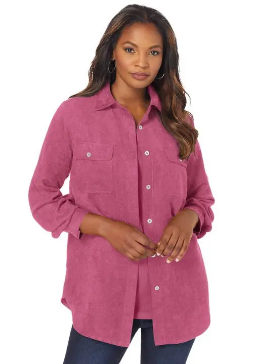 Roaman's Faux Suede Button-front Shirt With Flap Pockets - Cherry Glow