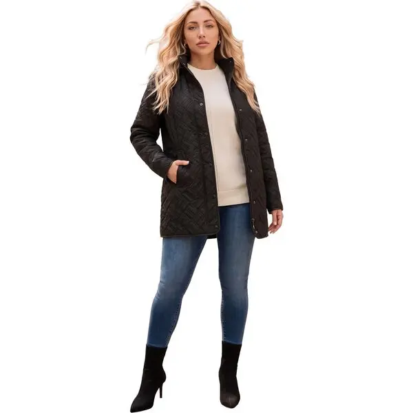 Roaman's Quilted Leather Trim Jacket - Black