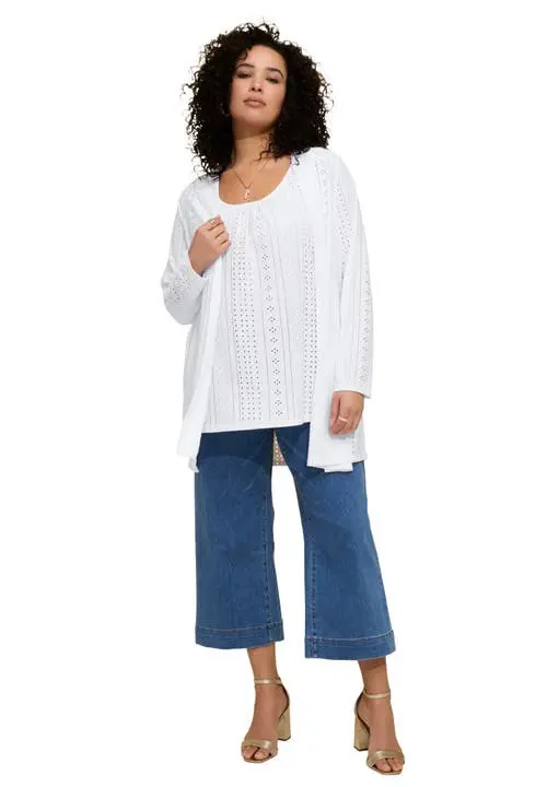 Roaman's Eyelet Long Sleeve Cardigan & Tank Set - White