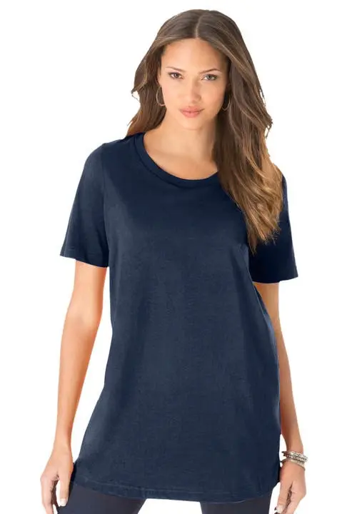 Roaman's Crewneck Knitted Cotton-blend Tee - Navy