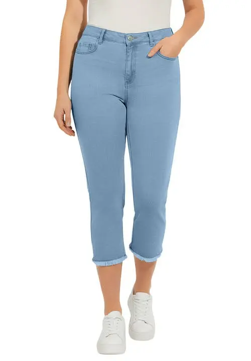 Roaman's Straight Leg Cropped Capri Jeans With Frayed Hem - Light Stonewash