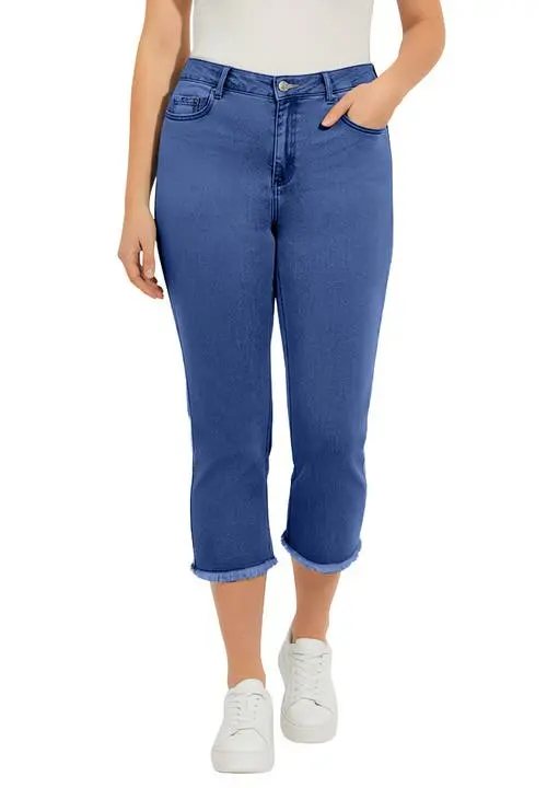 Roaman's Straight Leg Cropped Capri Jeans With Frayed Hem - Medium Blue