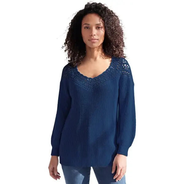 Roaman's Crochet Sweetheart Neckline Pullover Sweater - Navy