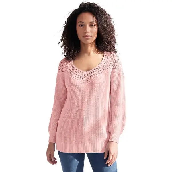 Roaman's Crochet Sweetheart Neckline Pullover Sweater - Soft Blush
