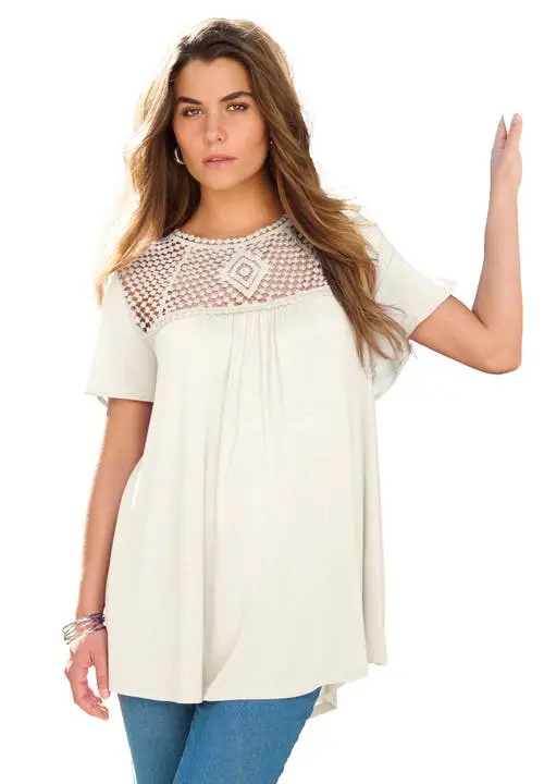 Roaman's Lace Yoke Pleated Tunic - Ivory