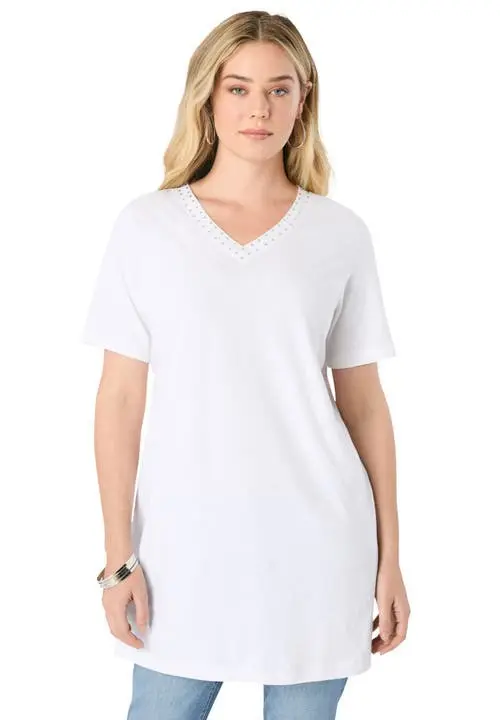 Roaman's Embellished V-neck Tunic - White