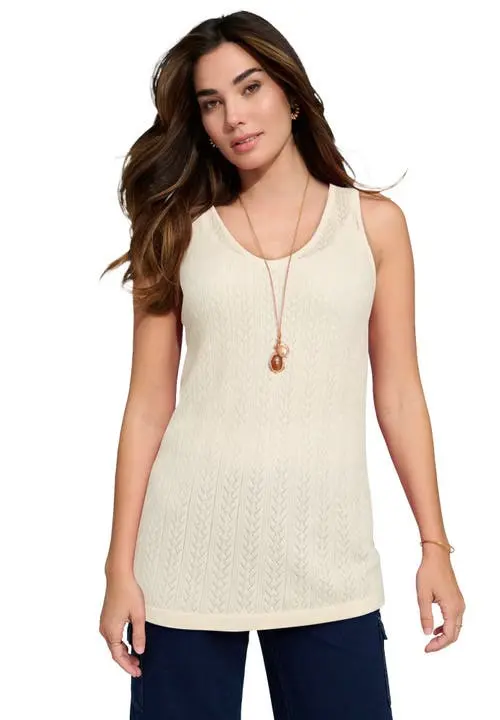 Roaman's Pointelle V Neck Ribbed Trim Tank - Ivory