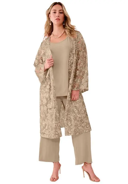 Roaman's Sequin Lace Duster Pantset - Sparkling Champagne