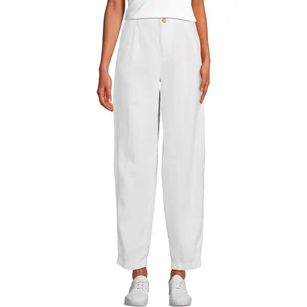LANDS' END Tall Linen High Rise Pleated Barrel Leg Ankle Pants - White