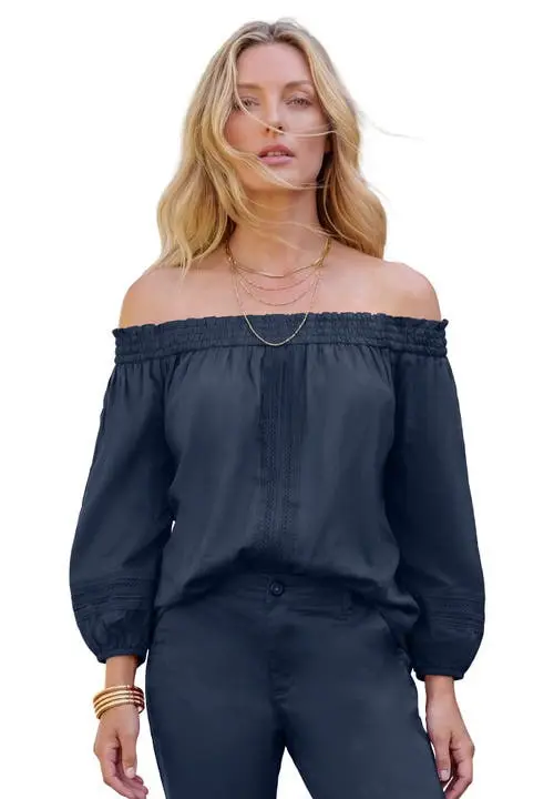 Roaman's Lace Off The Shoulder Blouson Sleeve Tunic - Navy