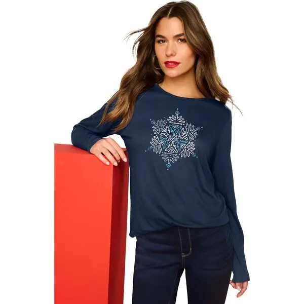 Roaman's Long Sleeve Embellished Graphic Crewneck Tee - Navy Snowflake