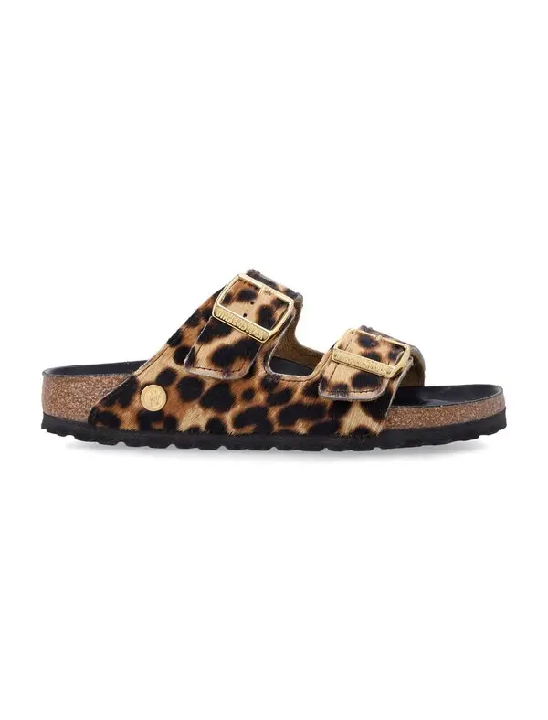 BIRKENSTOCK Arizona Leopard-print Faux-fur Sandals With Gold-tone Buckles - Marrone