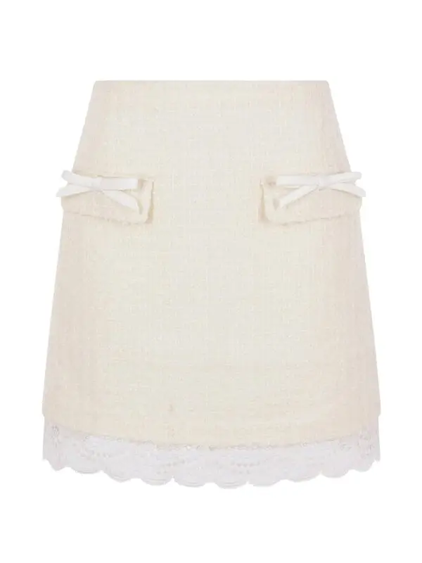 SELF-PORTRAIT Textured Tweed Mini Skirt With Lace Hem - White