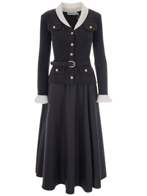 SELF-PORTRAIT Contrast Collar Belted Knit Midi Dress