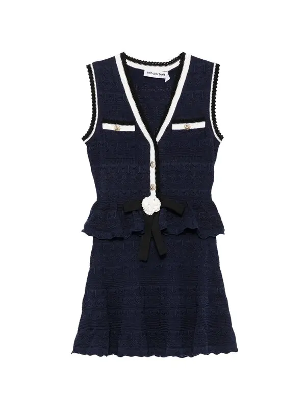 SELF-PORTRAIT Sleeveless Knit Mini Dress With Button Front And Belted Waist - Navy