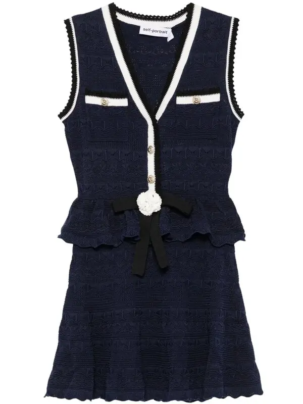 SELF-PORTRAIT Sleeveless Knit V-neck Mini Dress With Button Front And Belted Waist - Blue