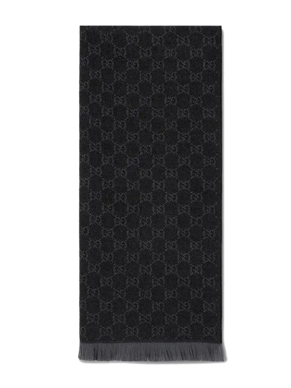 Gucci Gg Wool Jacquard Scarf With Fringe Trim, 45 Cm X 185 Cm - Nero