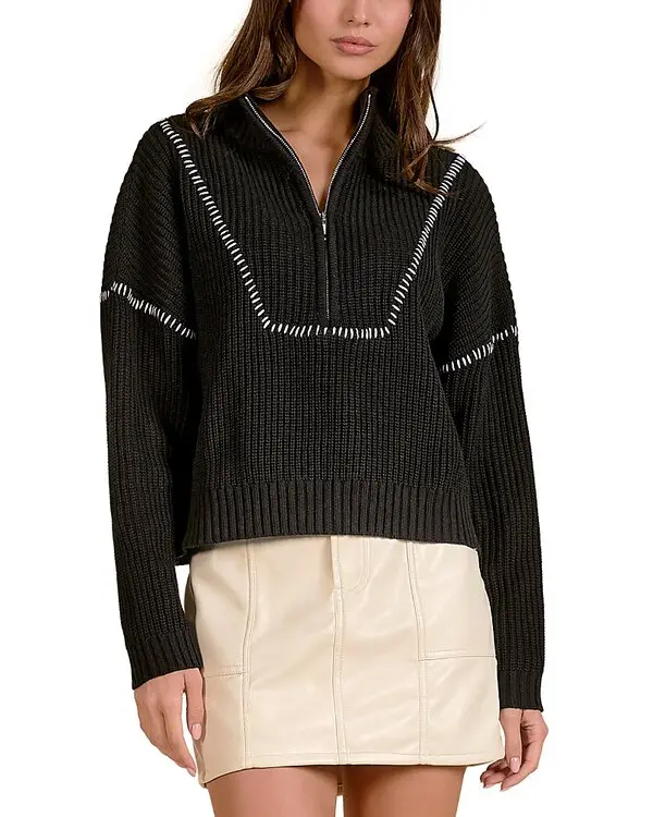 Elan Contrast Stitch Quarter Zip Sweater - Black