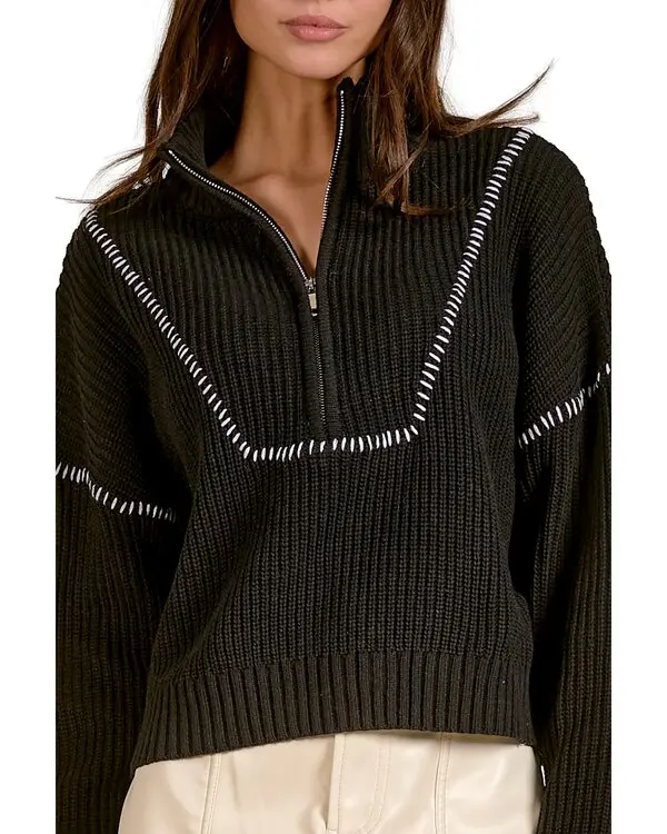 Elan Contrast Stitch Quarter Zip Sweater - Black