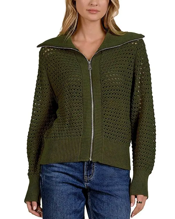 Elan Cotton Zip Front Knit Cardigan - Olive