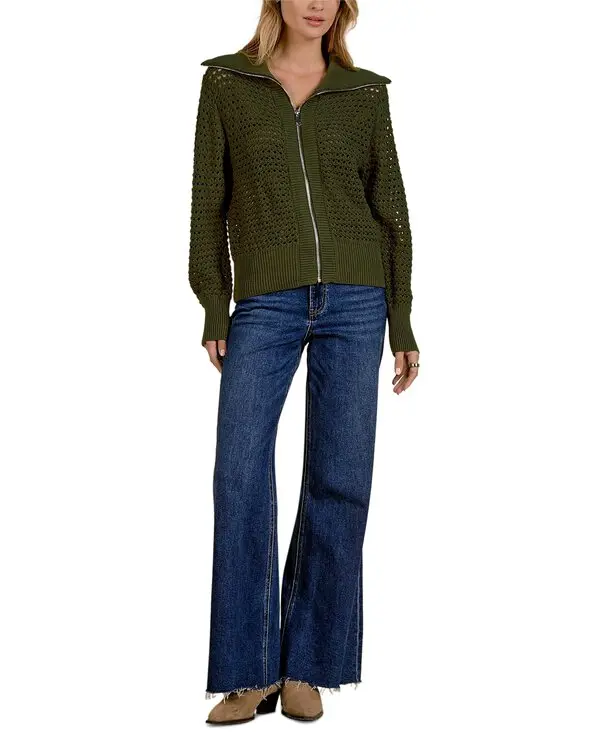 Elan Cotton Zip Front Knit Cardigan - Olive