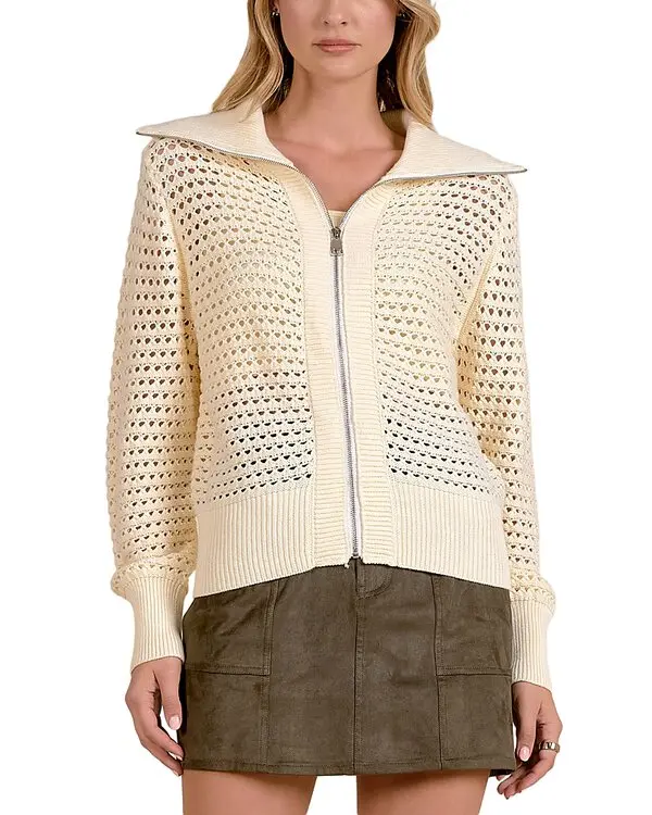 Elan Cotton Zip Front Knit Cardigan With Shawl Collar