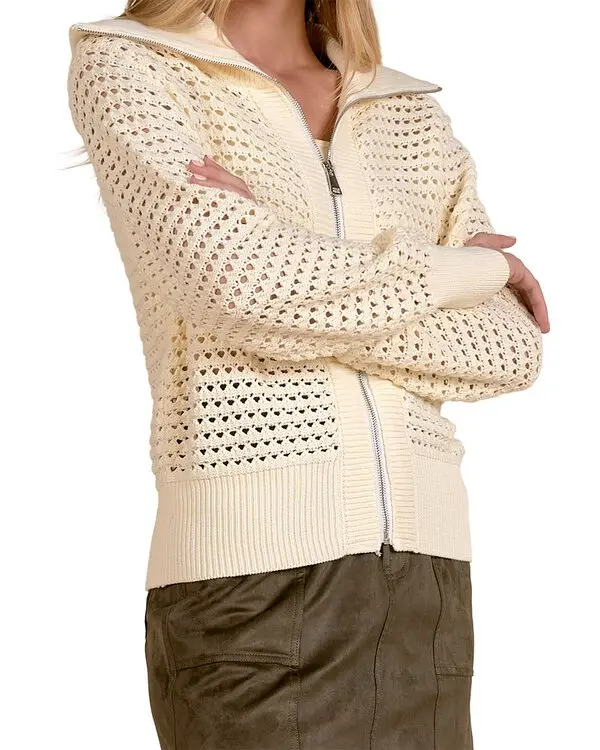 Elan Cotton Zip Front Knit Cardigan With Shawl Collar