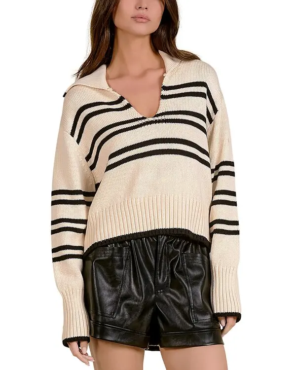 Elan Cotton Collared V-neck Striped Sweater