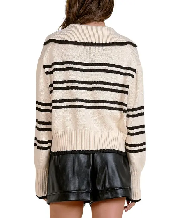 Elan Cotton Collared V-neck Striped Sweater