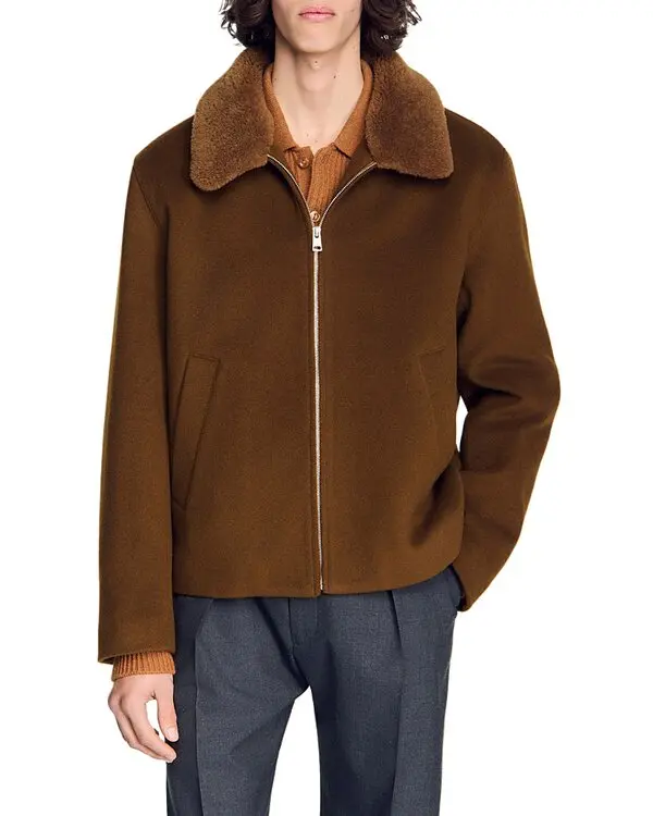 Sandro Wool Blend Aviator Jacket With Shearling Collar