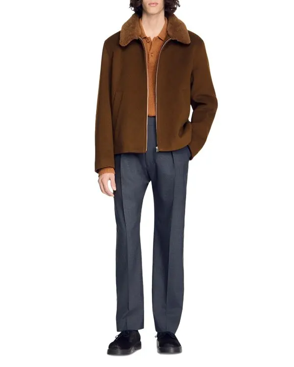 Sandro Wool Blend Aviator Jacket With Shearling Collar