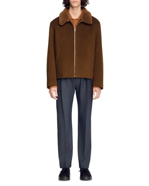 Sandro Wool Blend Aviator Jacket With Shearling Collar