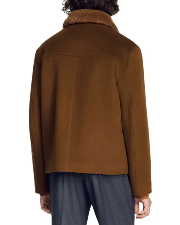 Sandro Wool Blend Aviator Jacket With Shearling Collar
