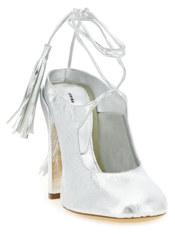 Dries Van Noten Laminated Leather Mules With Tassel Lace - Silver