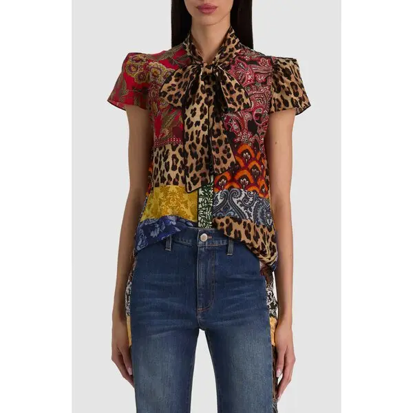 Alice + Olivia Jeannie Silk Patchwork Pussy Bow Top