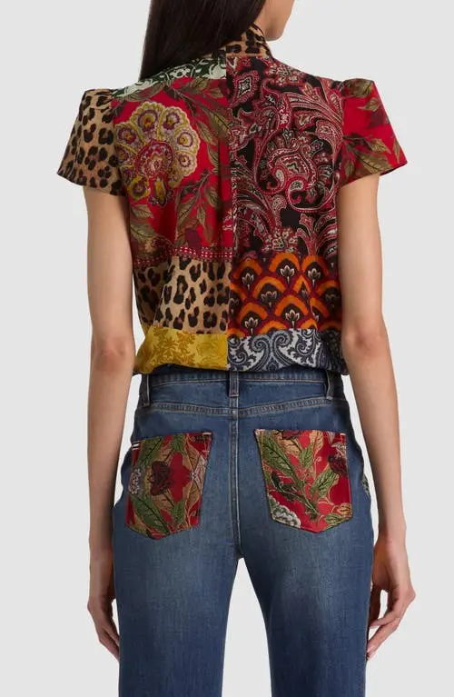 Alice + Olivia Jeannie Silk Patchwork Pussy Bow Top