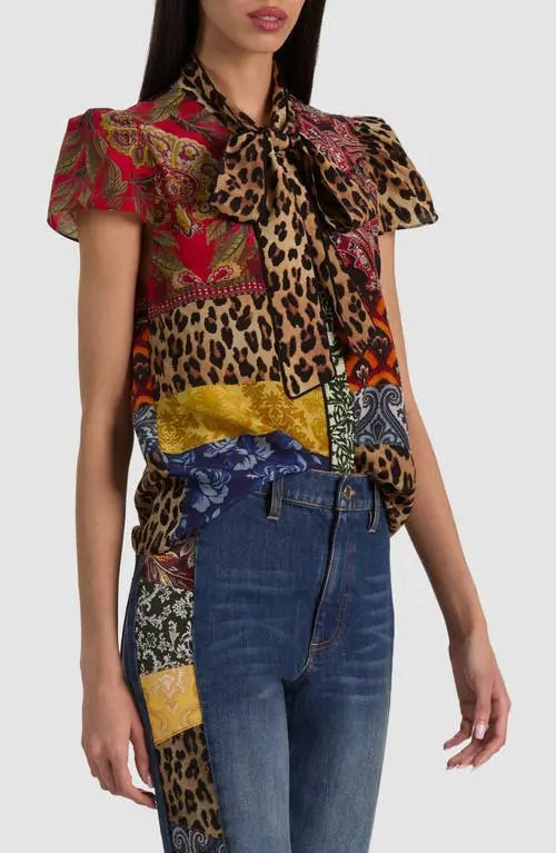 Alice + Olivia Jeannie Silk Patchwork Pussy Bow Top