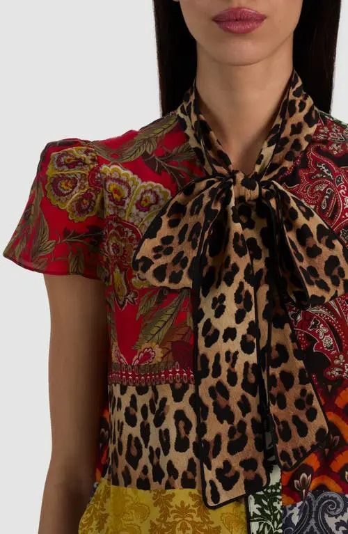 Alice + Olivia Jeannie Silk Patchwork Pussy Bow Top