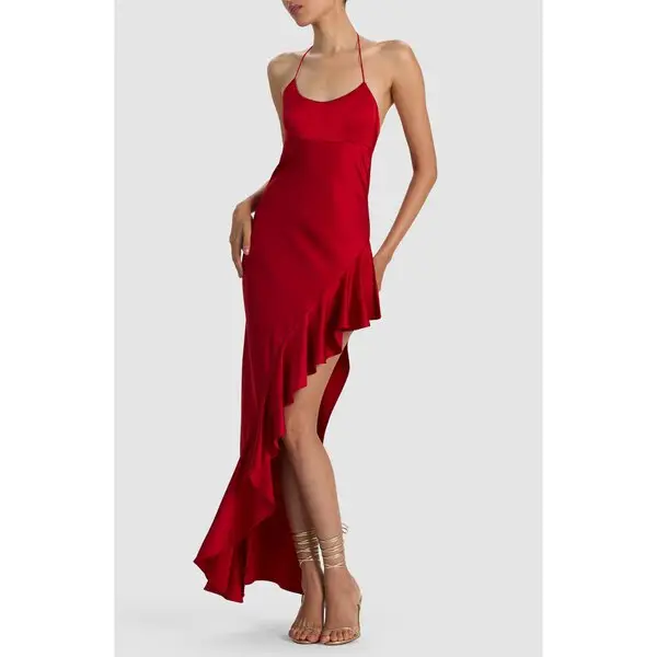 Alice + Olivia Palma Asymmetrical Ruffle Gown - Hibiscus
