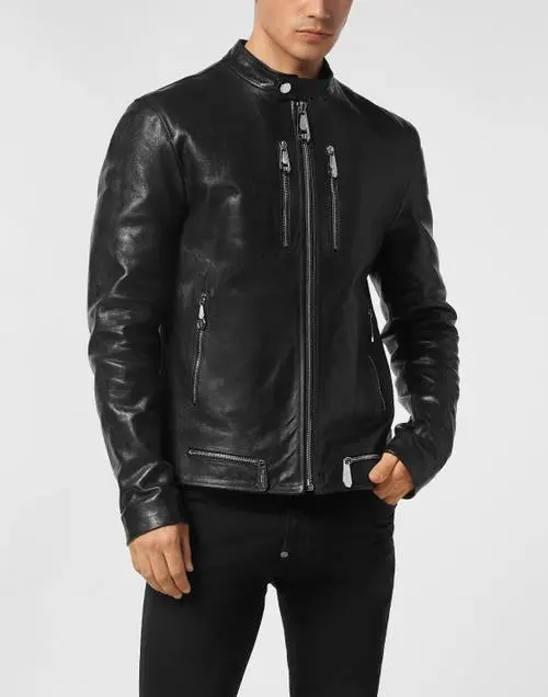 Philipp Plein Leather Moto Jacket With Metal Zips