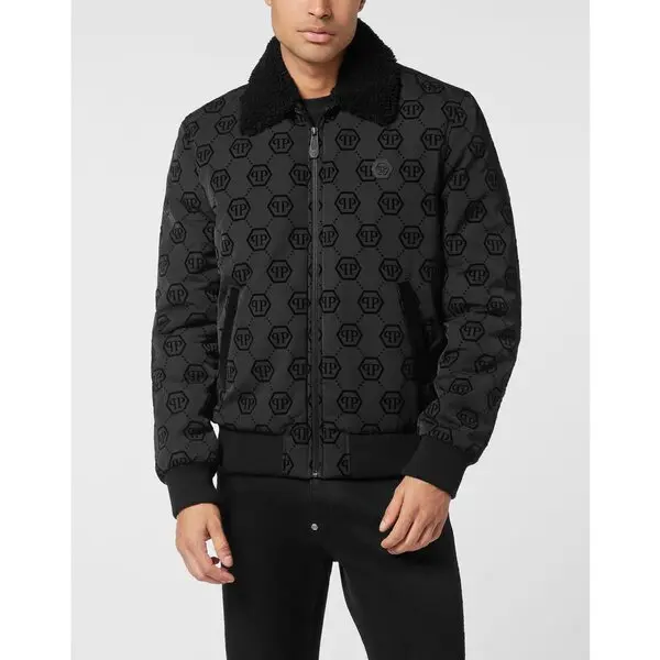 Philipp Plein Monogram Aviator Bomber With Shearling Collar