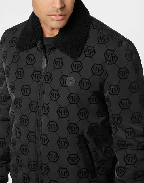 Philipp Plein Monogram Aviator Bomber With Shearling Collar