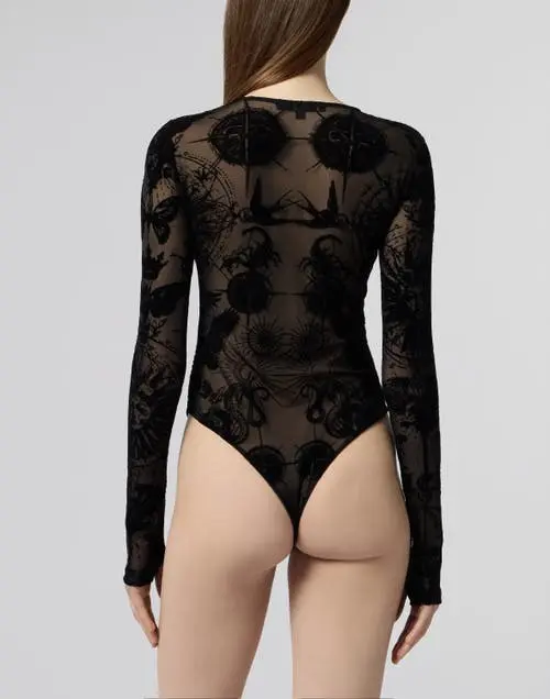 Philipp Plein Long Sleeve Bodysuit With Flock Butterfly Tattoo