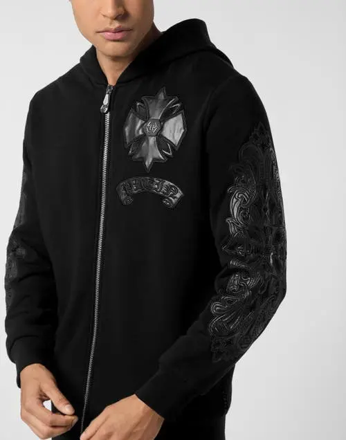 Philipp Plein Full Zip Hoodie With Leather Inserts And Chrome Crest