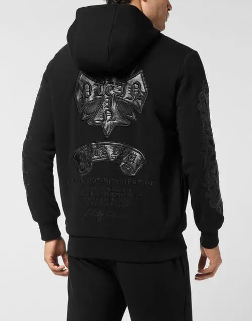 Philipp Plein Full Zip Hoodie With Leather Inserts And Chrome Crest