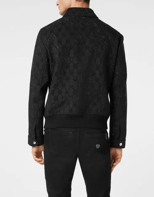 Philipp Plein Wool Bomber Jacket With All-over Rhinestone Monogram